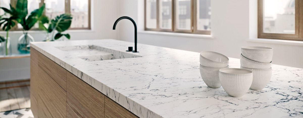 Caesarstone White Attica Quartz Kitchen Surfaces - Bluestone